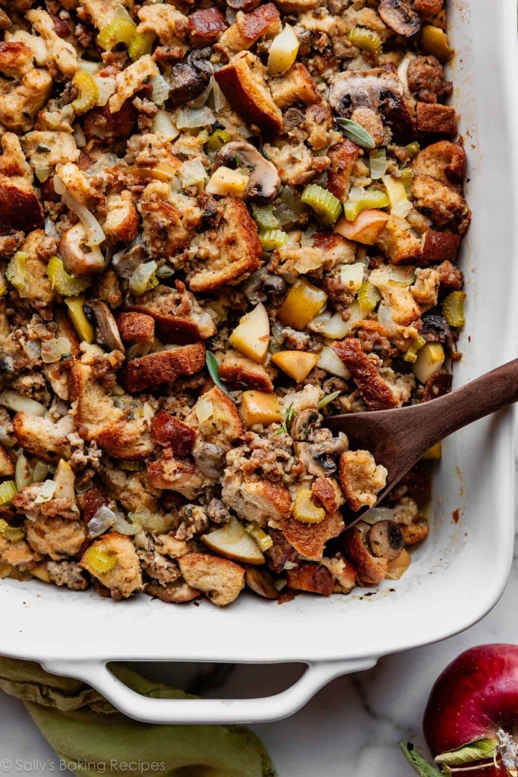 Sausage & Herb Stuffing with Apples - Sally's Baking